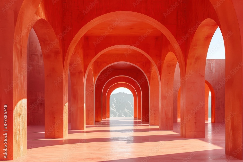 Vibrant Red Architectural Arches in Modern Abstract Hallway with ...