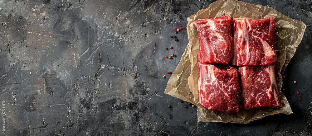 Vacuum packed beef short ribs displayed on a grey stone surface from a ...
