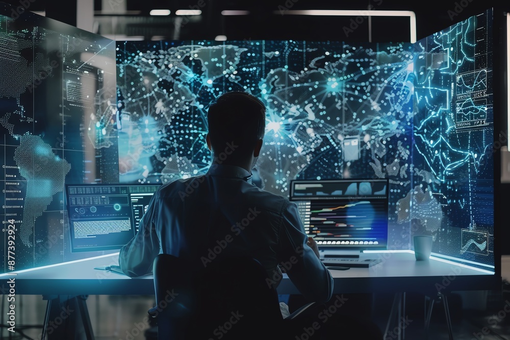 Data scientist analyzing big data on holographic displays, futuristic ...