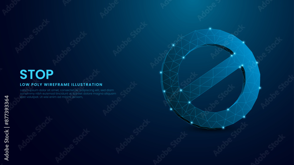 3D Stop sign Low Poly Wireframe in Blue Technological Background ...