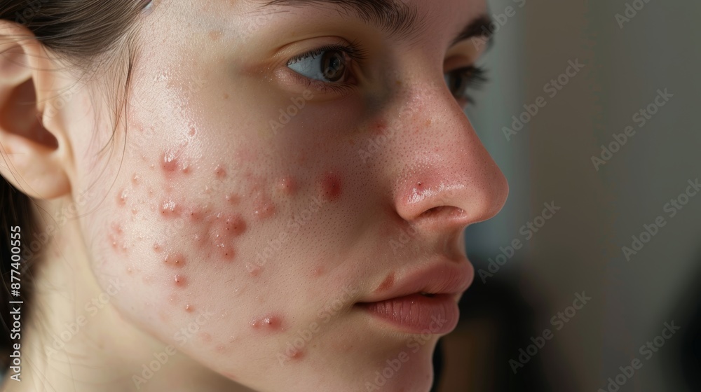 acne on woman face with rash skin, scar, and red skin syndrome allergic ...