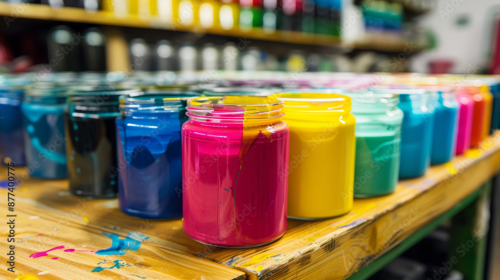 Plastisol Ink: Vibrant and varied colors of Plastisol ink stored in a ...