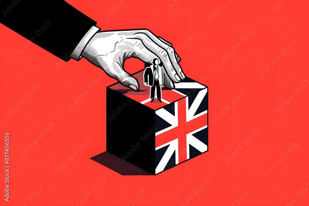Giant hand places small businessman on Union Jack cube with bold red ...