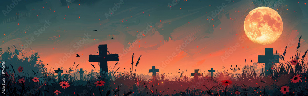 abstract, minimalist depiction of a moonlit graveyard with crosses and ...
