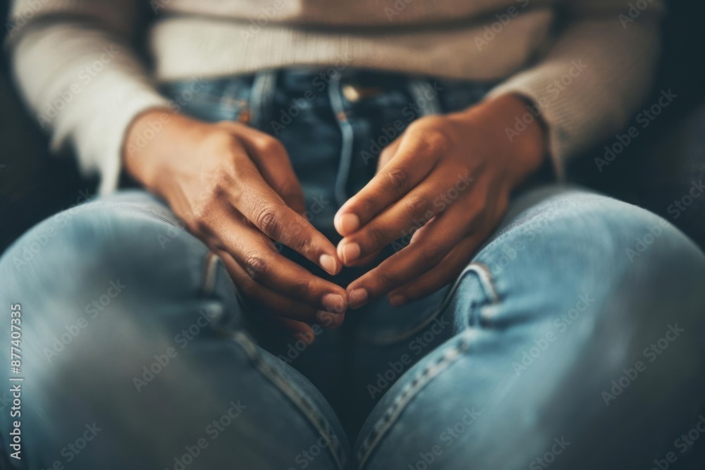 Person experiencing bloating and gas with a close-up of their hands on ...