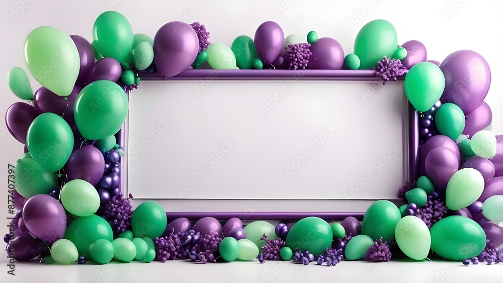 balloon banner green purple border frame on white background. copy ...