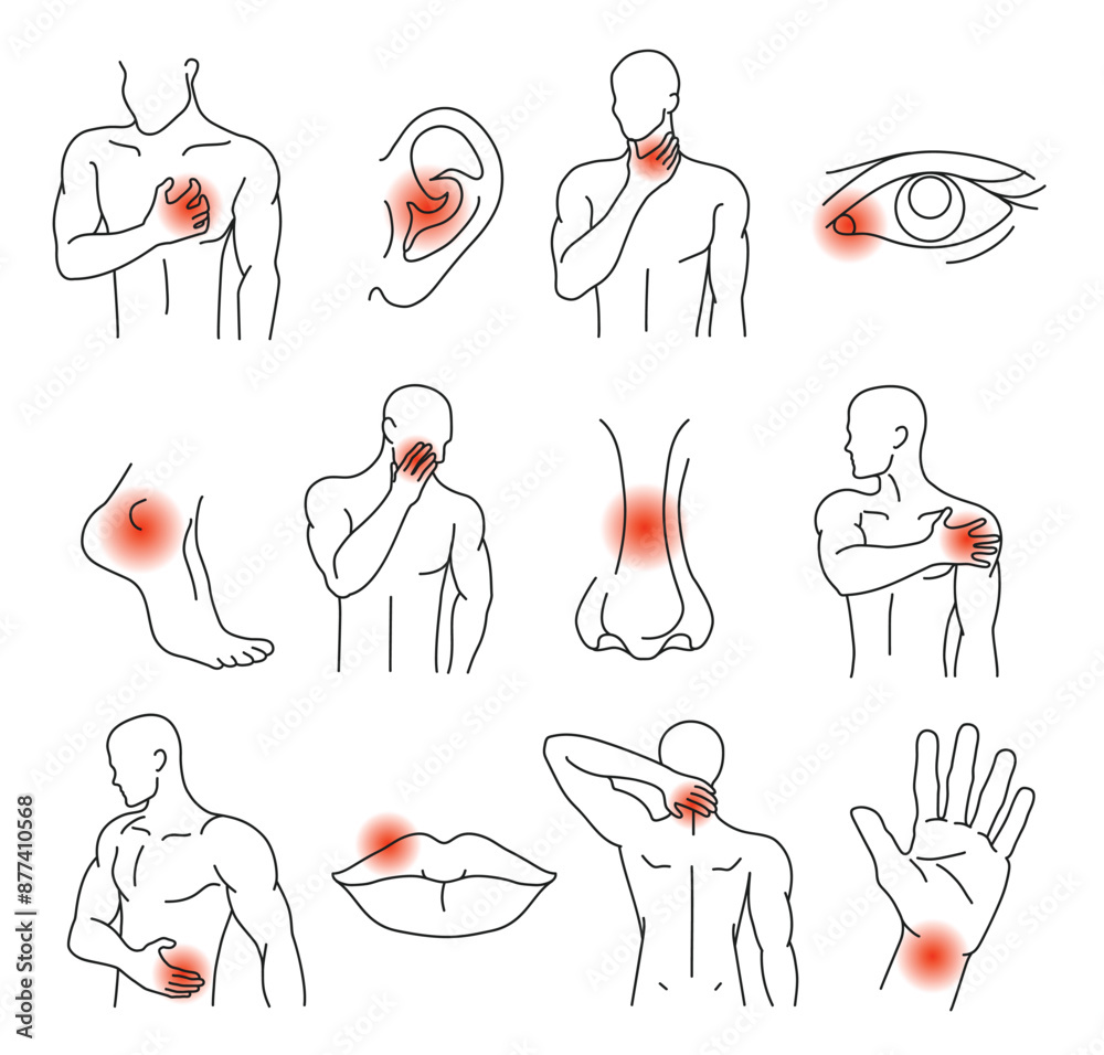 Pain types. Human figures and body parts with highlighted areas of pain ...