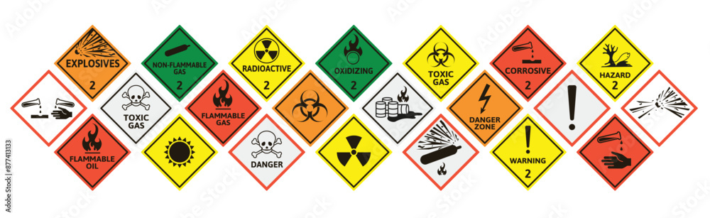Hazard warning signs. Danger caution and safety symbols for explosives ...