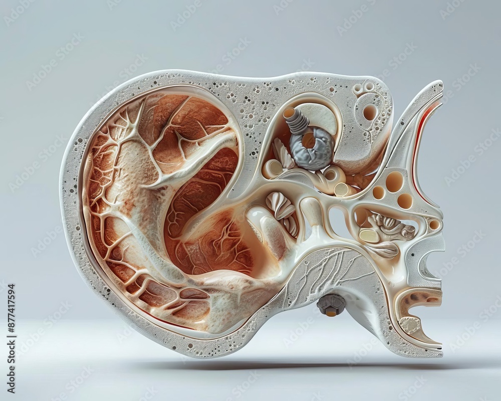 Detailed 3D model of the inner ear showing the cochlea and semicircular ...