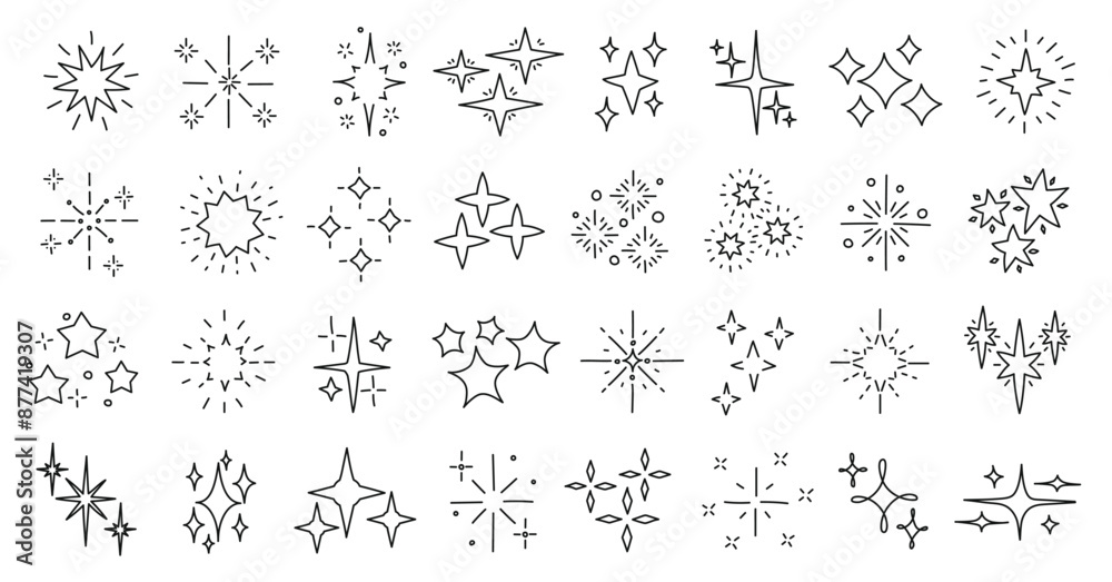 Hand drawn star glitter sparks. Sparkle and starburst icons, shiny ...