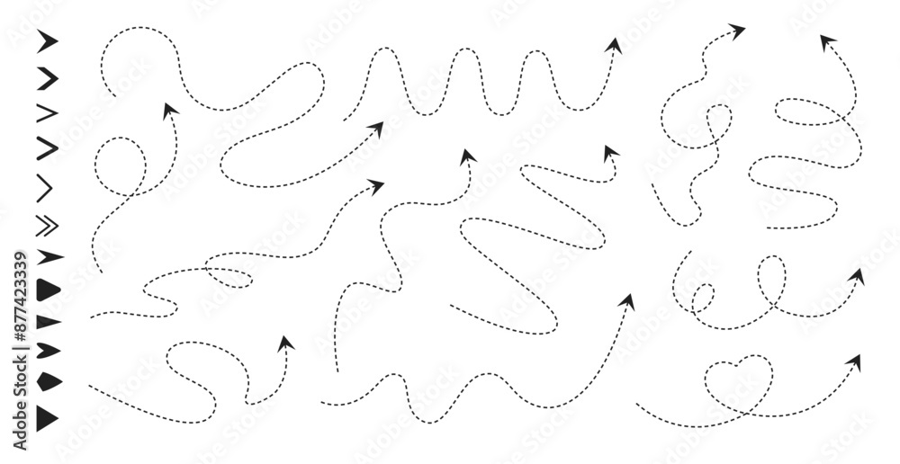 Dash line arrows. Route paths with arrow icons, roadmap direction ...