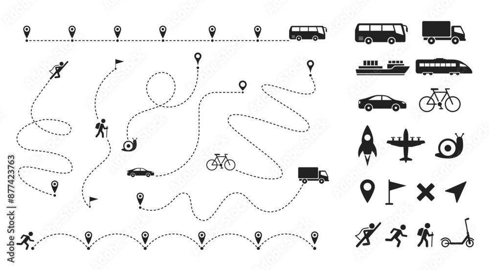 Dashed line route. Travel navigation routes with dash line path ...