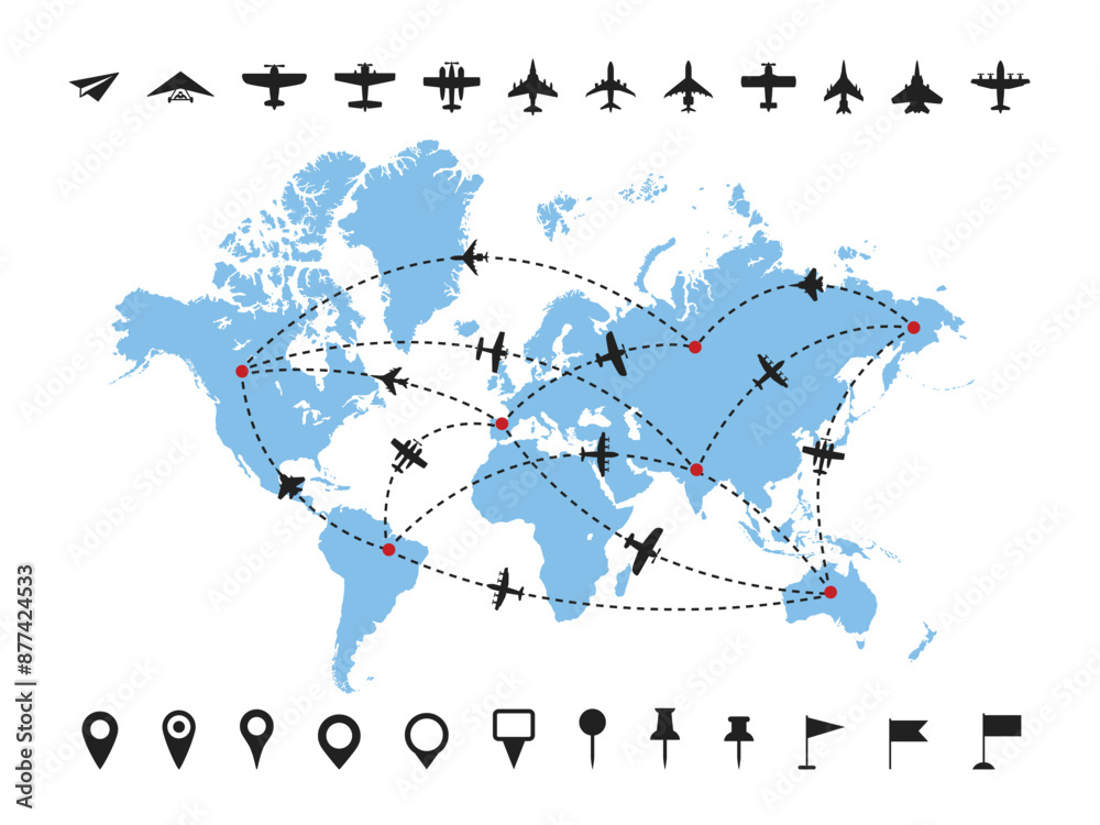 Airline routes on world map. Worldwide air travel dashed line route ...