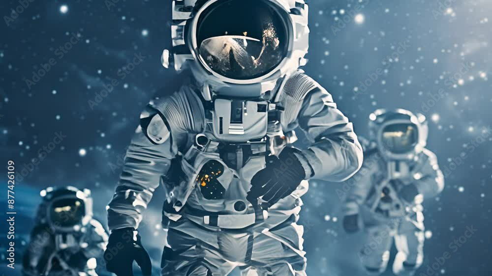 Team of astronauts in a space suits aboard the orbital station. A crew ...