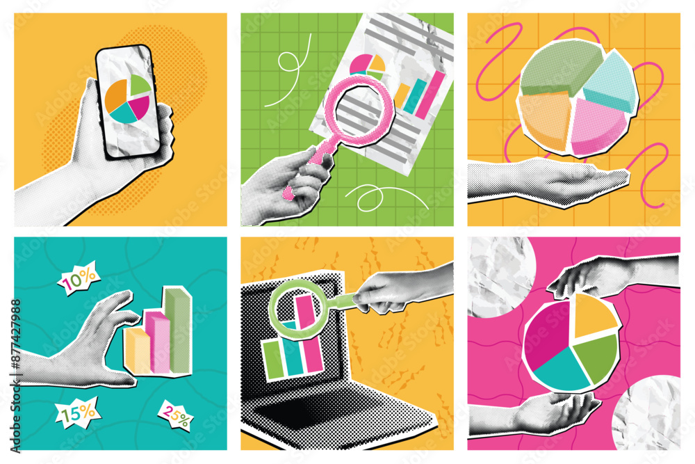 Mixed media research. Halftone data analysis and statistics collage ...