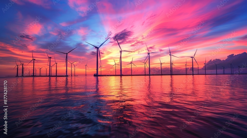 Stunning sunset over an offshore wind farm, with vibrant pink and ...