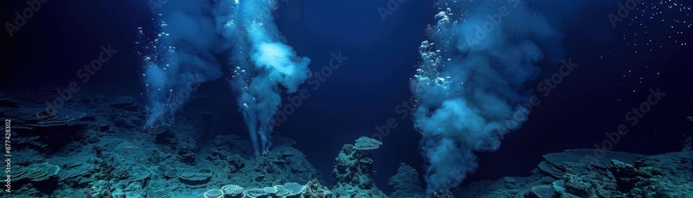 Underwater view of hydrothermal vent releasing plumes of smoke on the ...