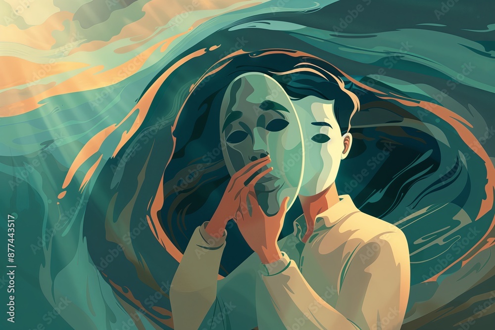 Conceptual art exploring the duality of human emotions, featuring masks ...