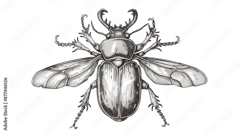 Detailed black and white illustration of a beetle with intricate wing ...