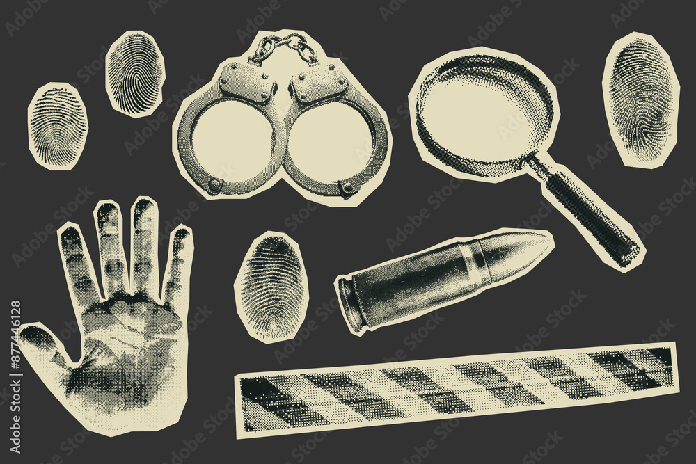 Vintage halftone of crime scene elements. Fingerprints, handcuffs ...