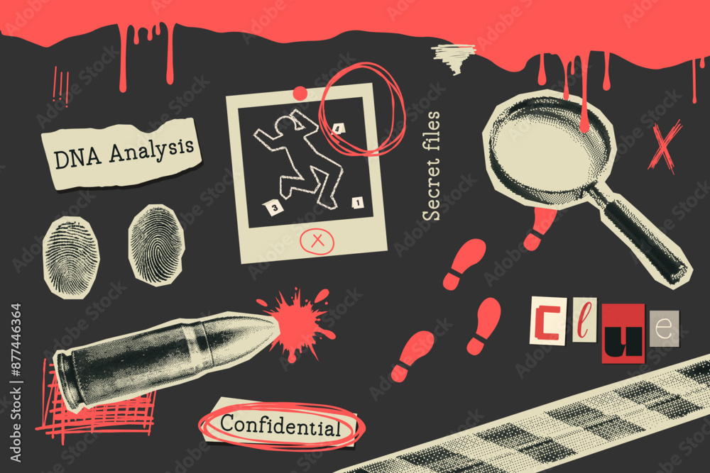 Vintage crime scene elements with a retro halftone style. Fingerprints ...