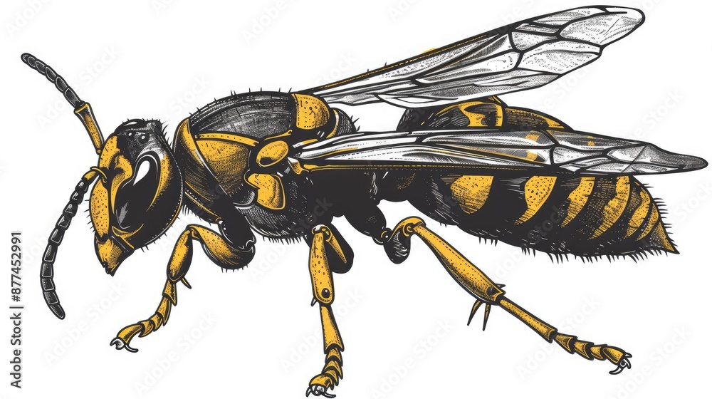 Detailed illustration of a wasp showcasing its distinctive yellow and ...