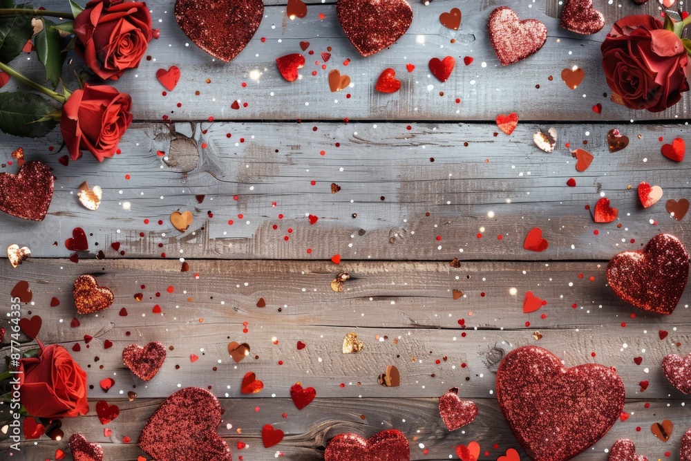 Top view shiny glitter hearts and red rose flower frame illustration ...