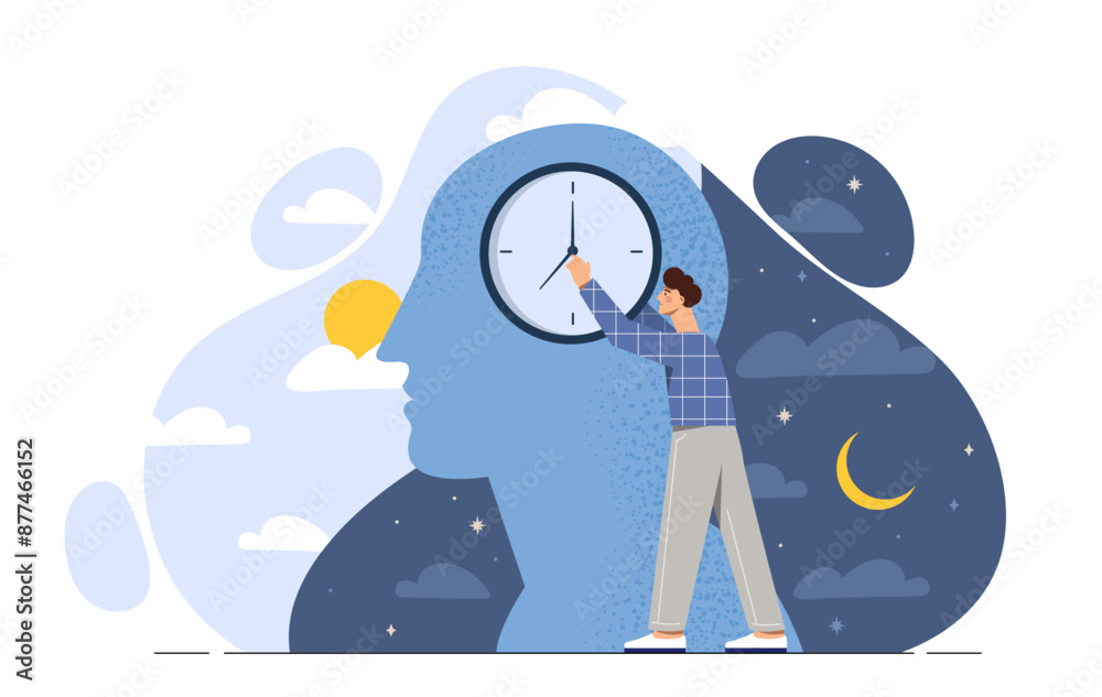 Man with circadian rhythm concept. Young guy with watch in his hands ...