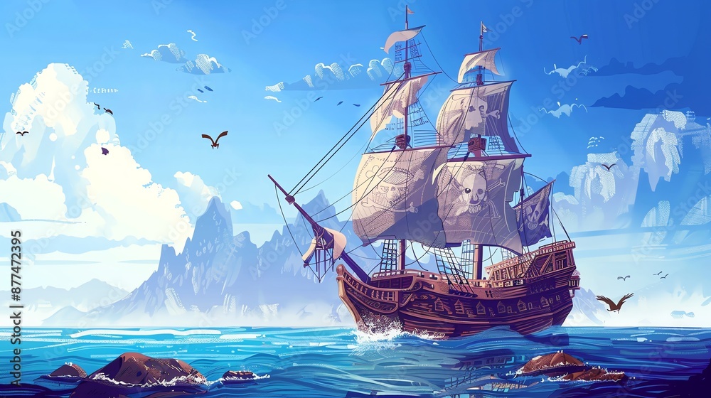 Cartoon illustration of a pirate ship sailing at sea. Stock Photo ...