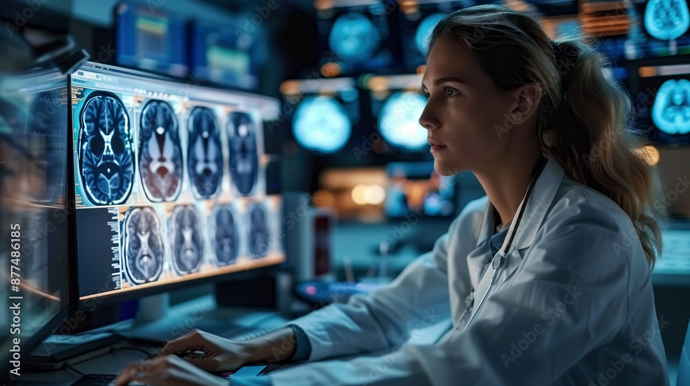 A focused female neuroscientist with glasses is carefully analyzing ...