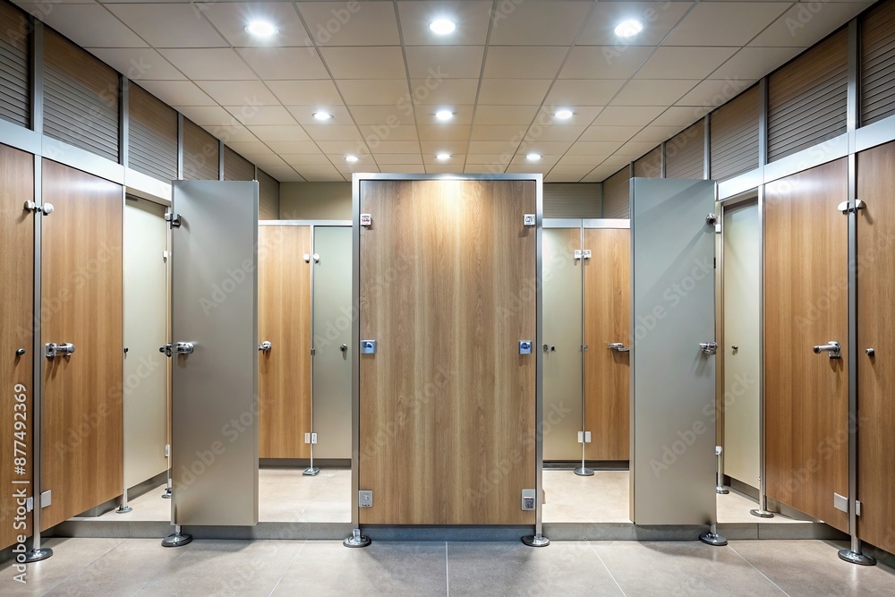 Closed cubicle doors in a public restroom Public toilet cubicles Clean ...