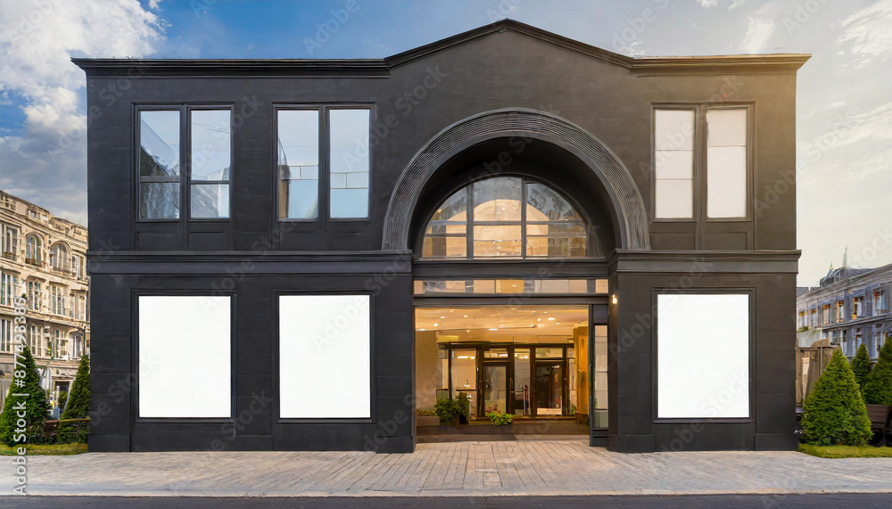 Outdoor mockup,store template,front view black of generic store facade ...