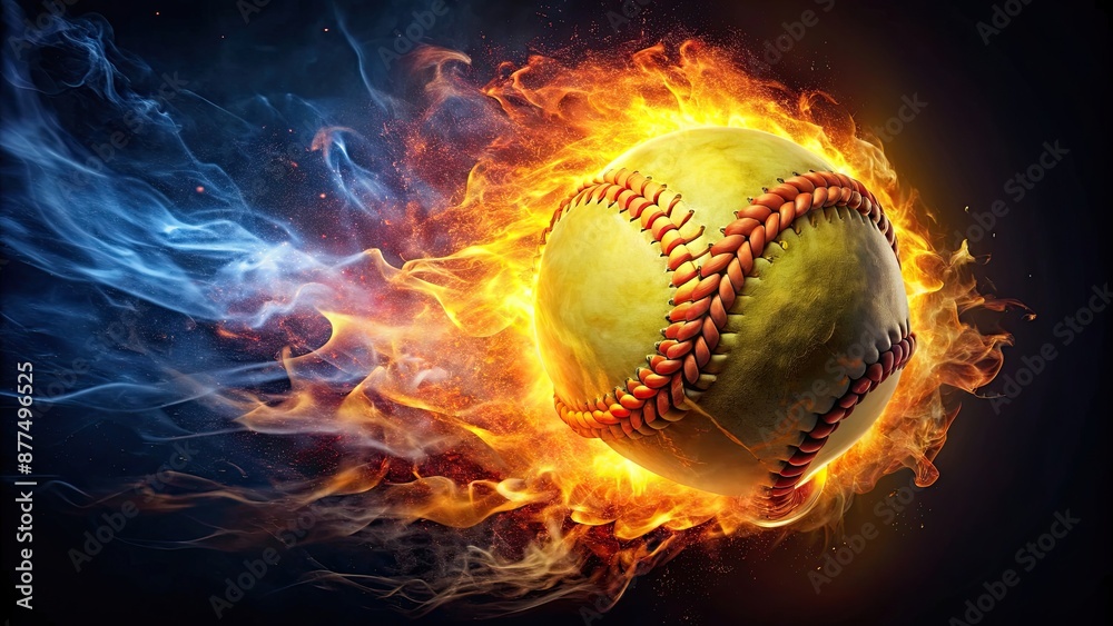 Softball ball in neon fire flames in explosion on dark glossy ...