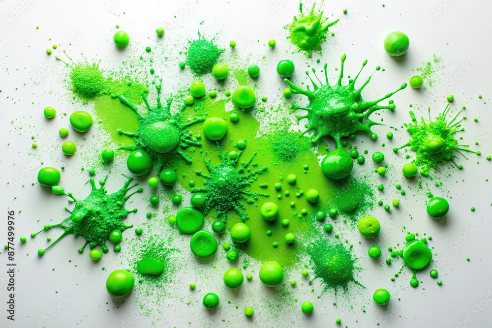 innovative, creative, Vibrant green splatter paint droplets scattered ...