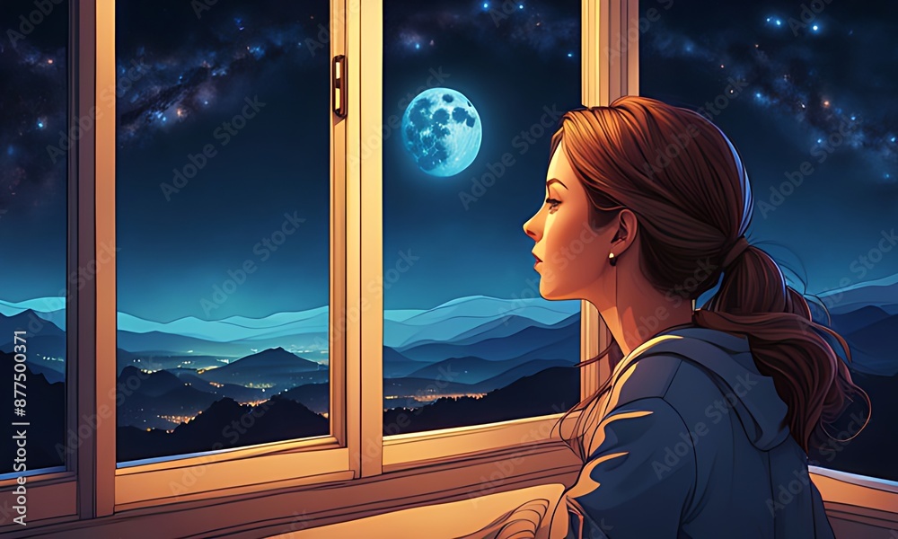 Woman looking out window at night with full moon and starry sky. Stock ...