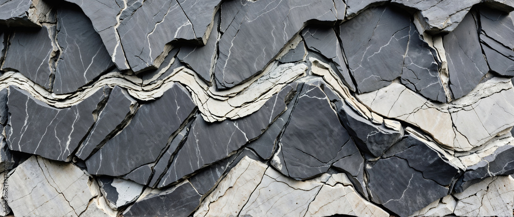 Wavy grey white layers of grey slate and sandstone rock formation cliff ...