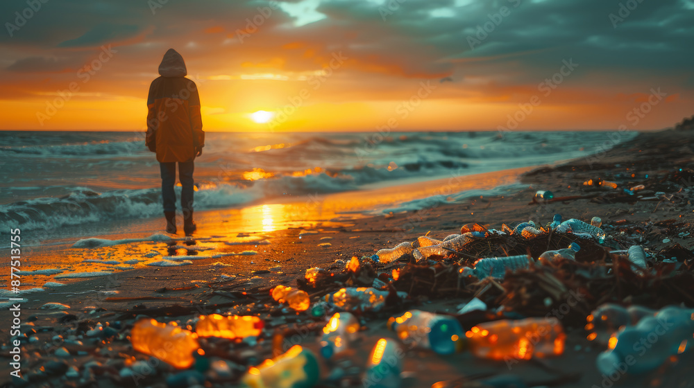 Individual standing thoughtfully, observing plastic bottle litter on ...