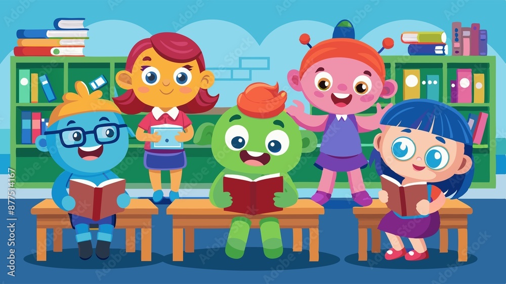 cartoon characters, books, bench, thoughts, Colorful cartoon characters ...