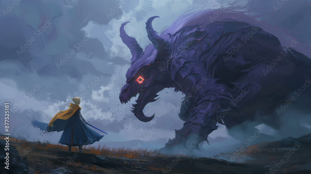A caped figure stands bravely, holding a sword, facing a colossal ...