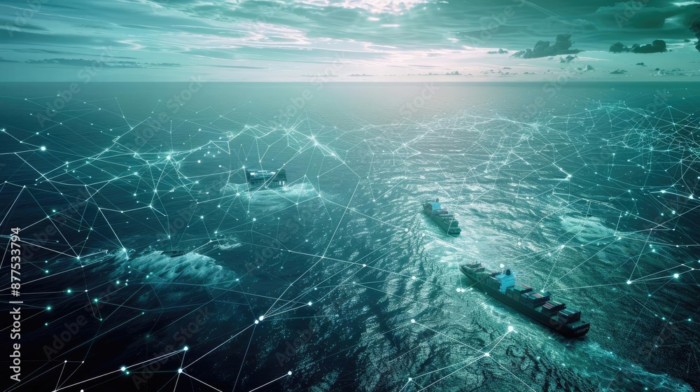 Digital map overlay on ocean showing shipping routes and container ...