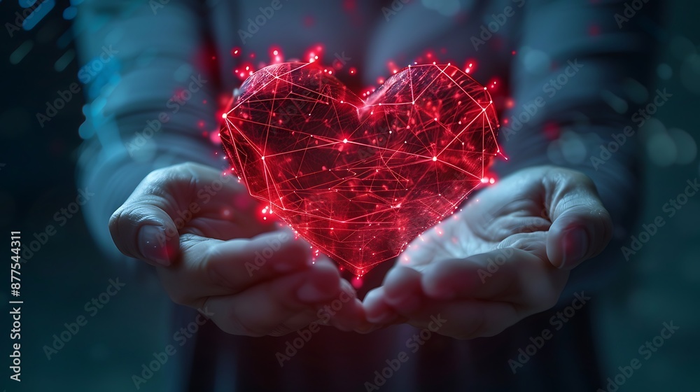 Red heart shape network in hands symbolizing connection and care for ...