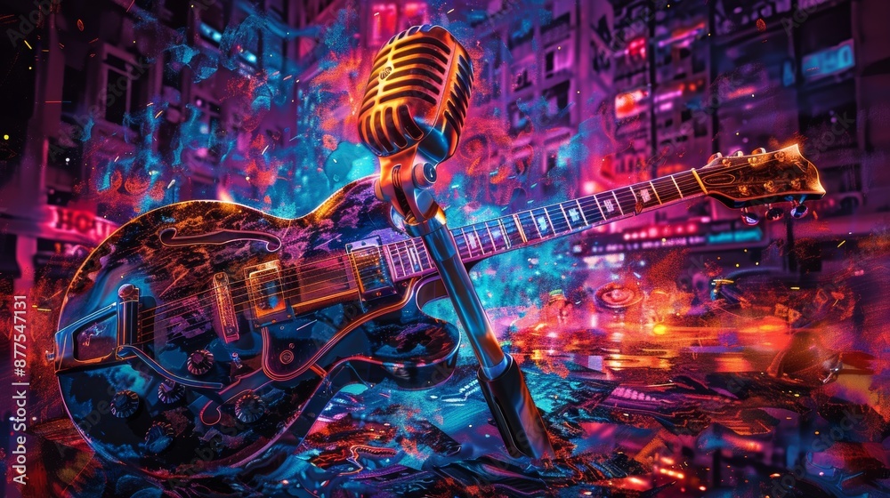 retro music collage, retro art collage featuring old-school microphone ...