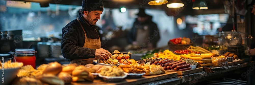 Hot Dog Cart. Sausages on the street food market. Fast Food concept ...