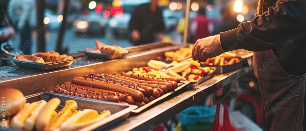 Hot Dog Cart. Sausages on the street food market. Fast Food concept ...
