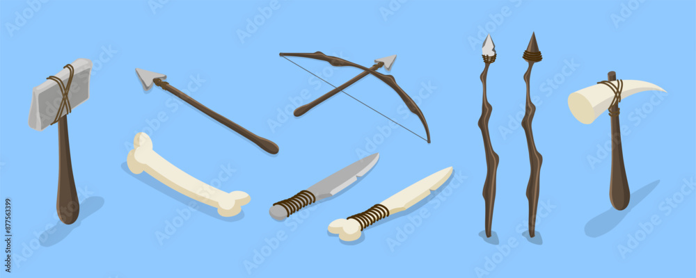 3D Isometric Flat Vector Set of Primal Stone Age Tools, Prehistoric ...