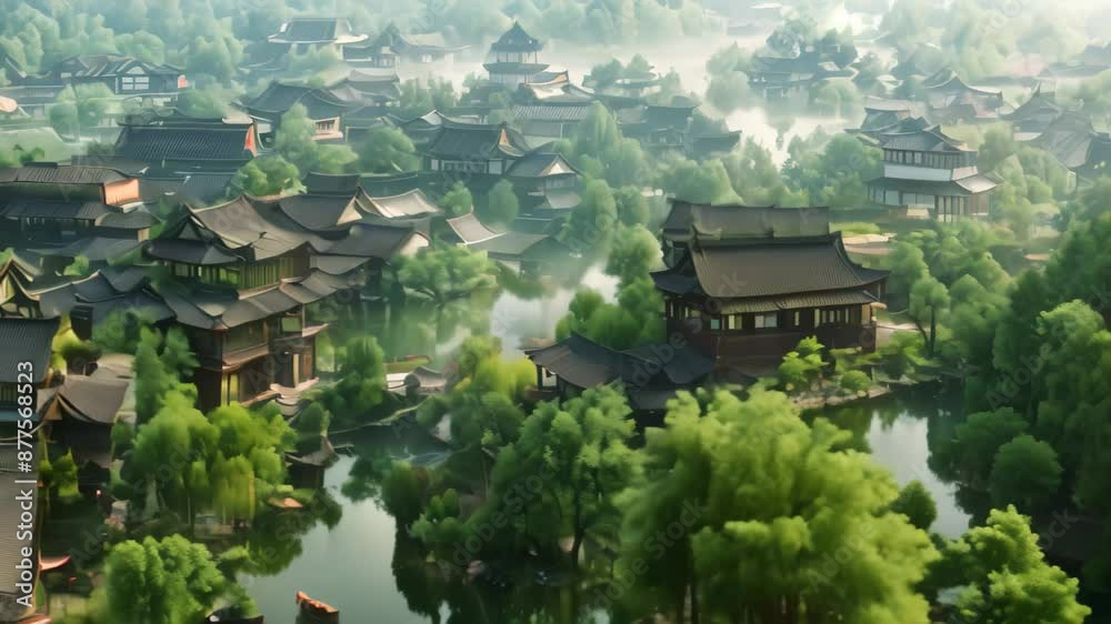 A scenic view of a traditional Chinese village surrounded by a tranquil ...