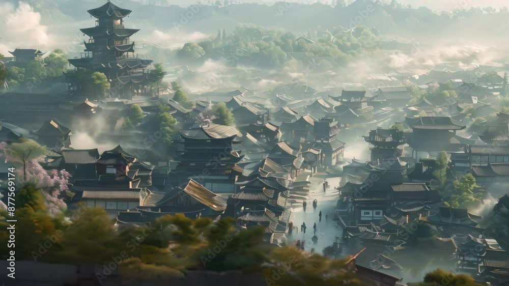 Overhead view of a bustling Asian city with skyscrapers, roads, and ...