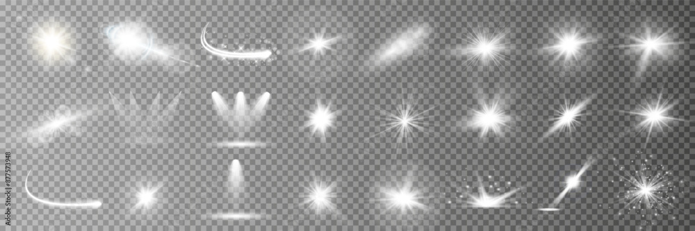 White glowing light explodes on a transparent background. Sparkling magical dust particles ...