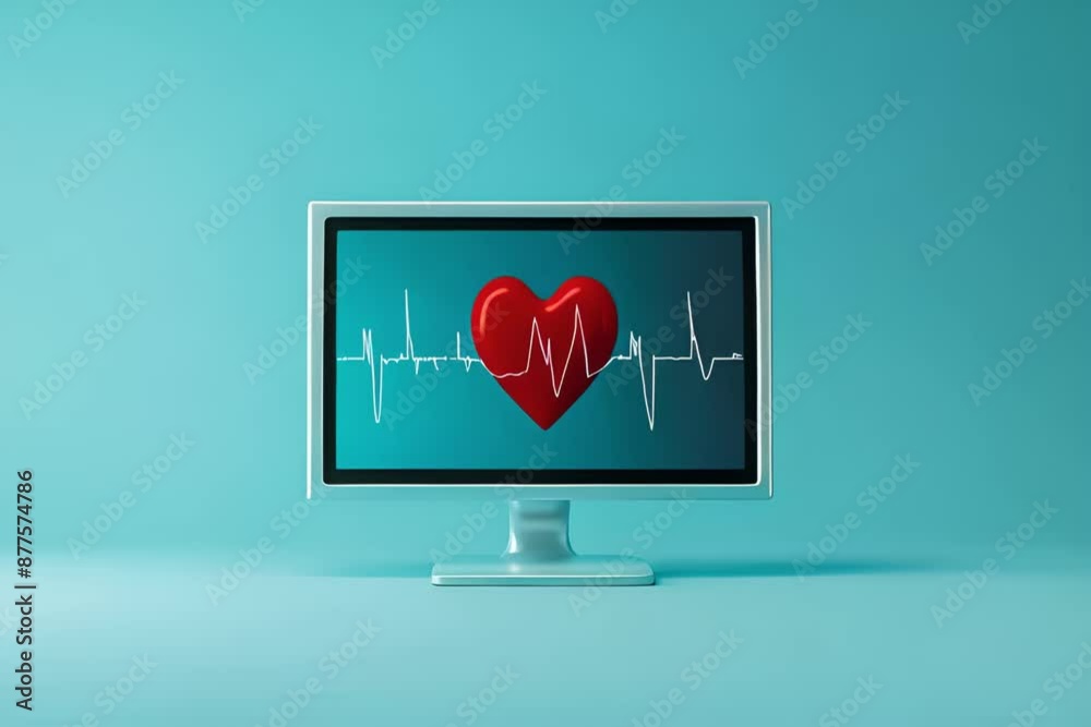 A computer monitor displaying a red heart with an ECG heartbeat line on ...