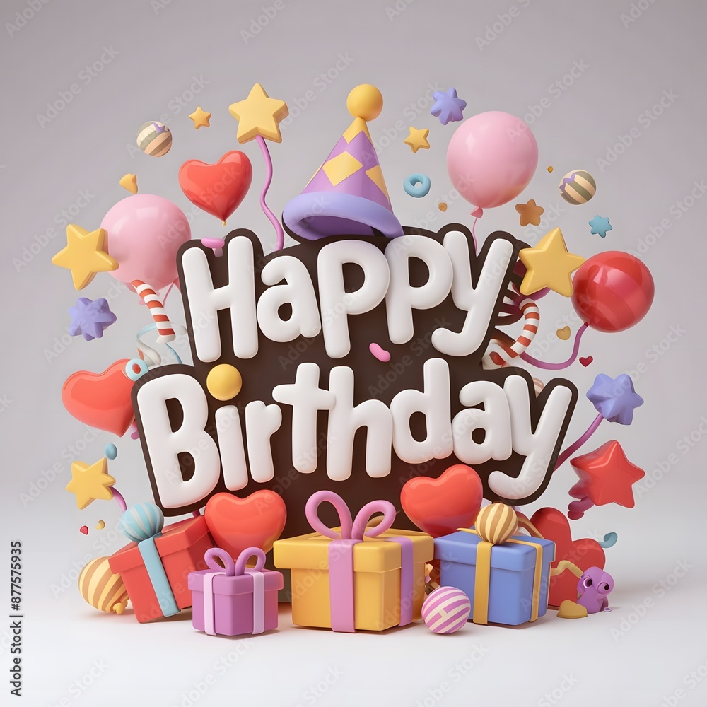 Happy Birthday cute typography illustration with balloons, stars ...